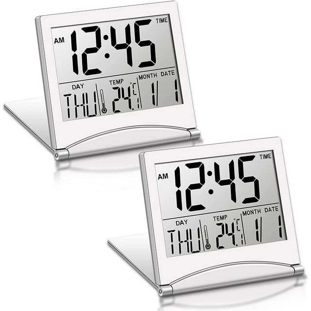 2 Piece Digital Travel Alarm Clock Battery Powered Foldable Lcd