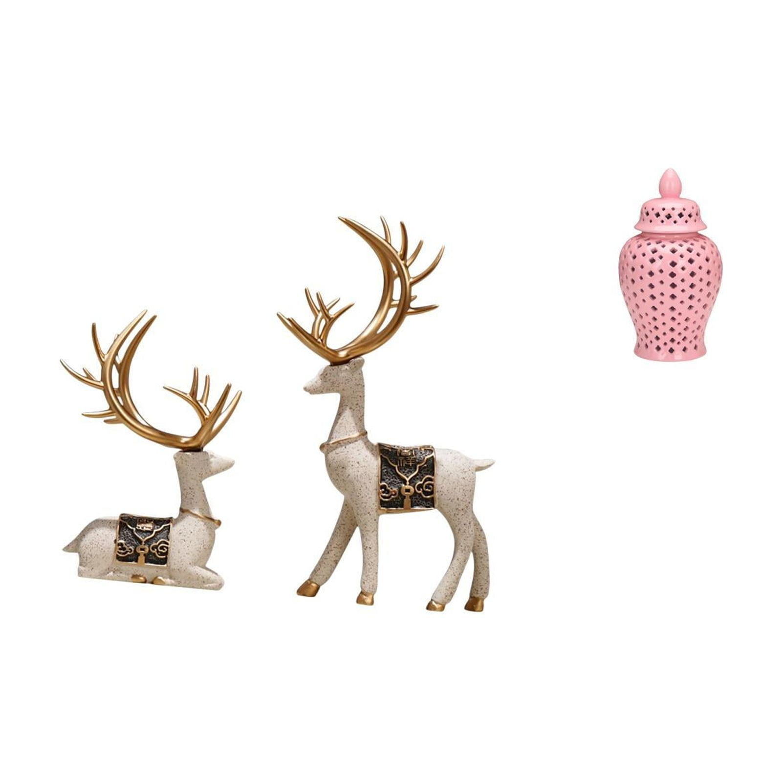 2 Pieces Elk Deer Statue Ceramic Ginger Jar Resin Material for Living ...