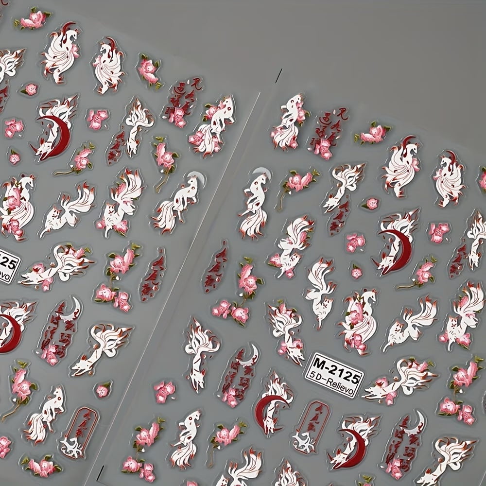 2 Pieces Embossed White Fox Nail Art Stickers with Pink Flowers ...