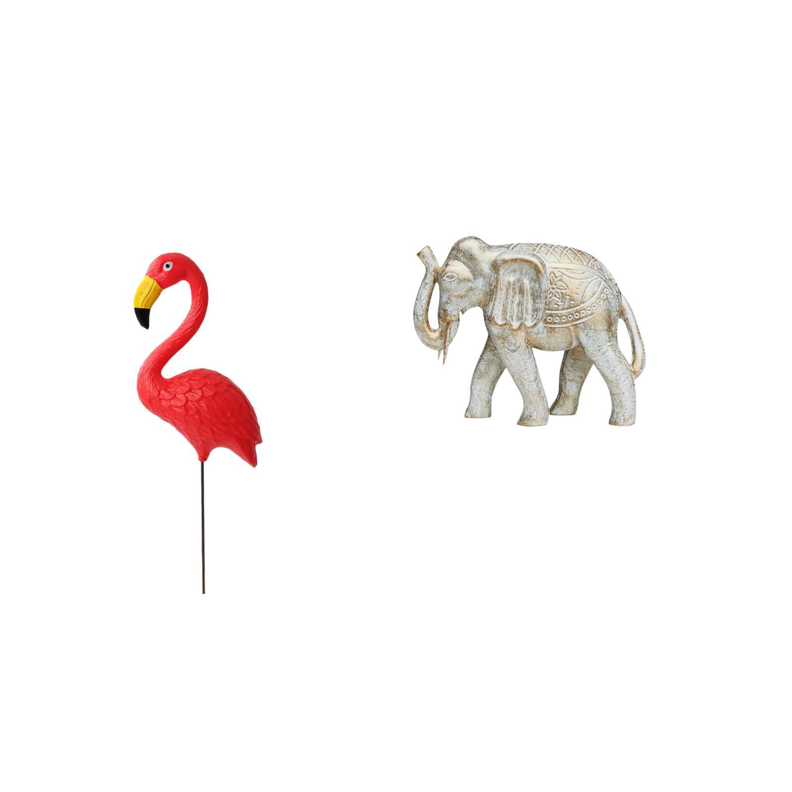 2 Pieces Flamingo Elephant Statue Hand Carved Wooden Material Garden ...