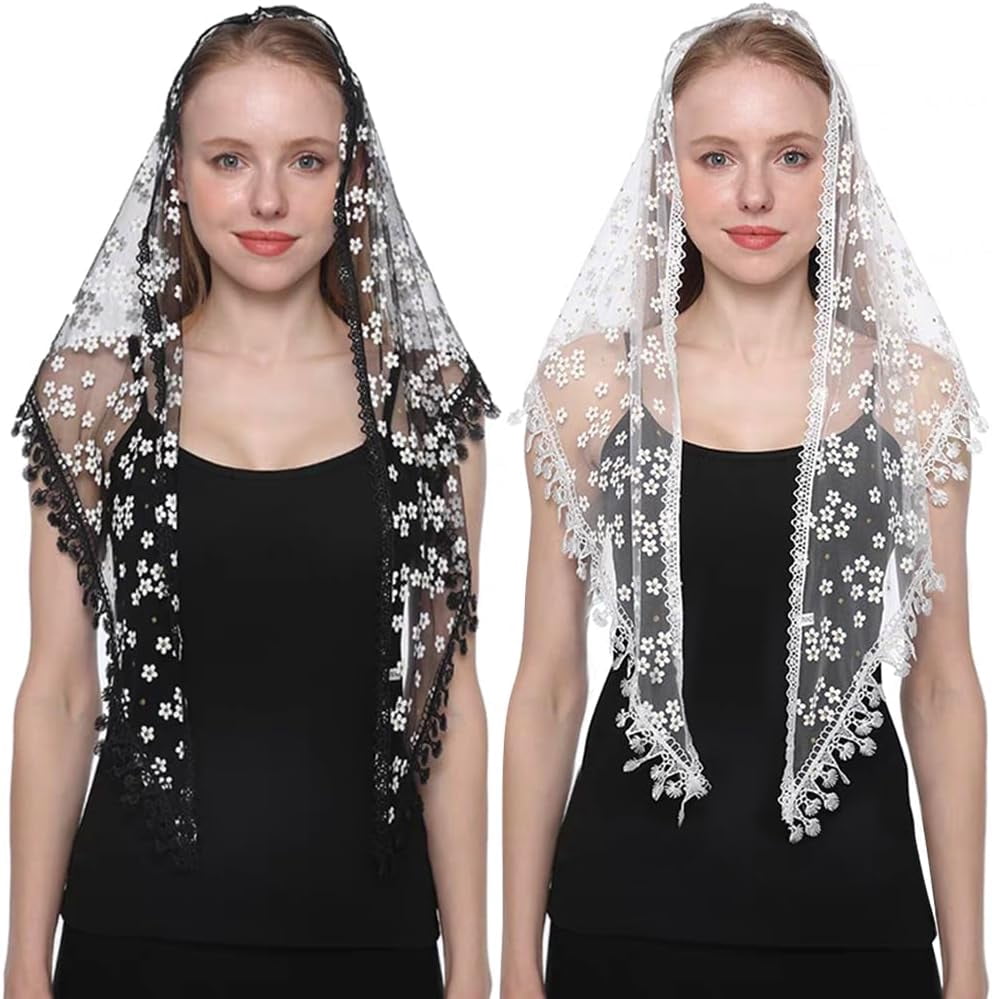 2 Pieces Floral Lace Veils Head Covering Latin Mass Mantilla Catholic ...