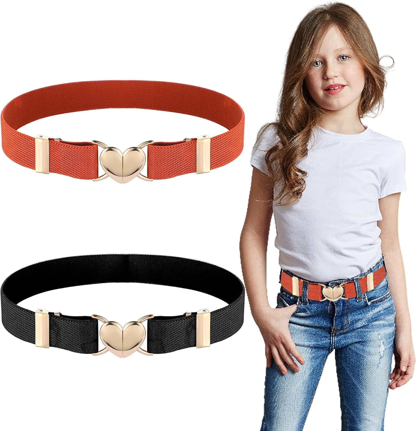 2 Pieces Girls Belt Heart Buckle Belt Elastic Belts for Toddler Kids ...