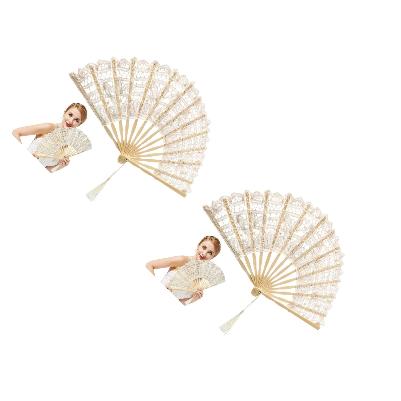 2 Pieces Hand Fans for Women Cotton Vintage Lace Women's Beige ...