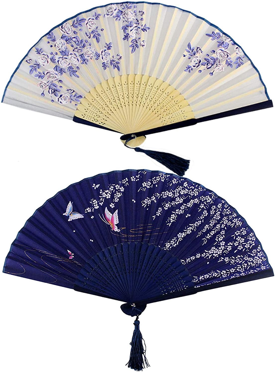 2 Pieces Handheld Fans, Silk Folding Fans with Bamboo Frames for ...
