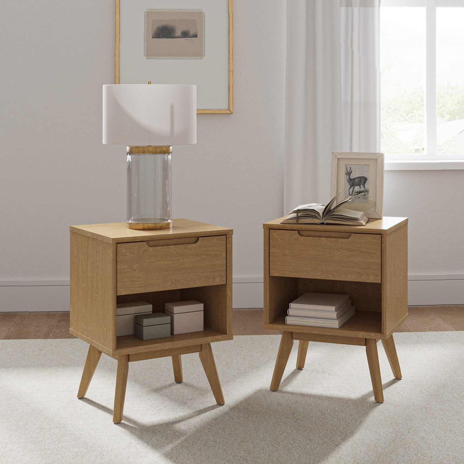2 Pieces Drawers Nightstands Midcentury Handle-free Storage Bedside ...