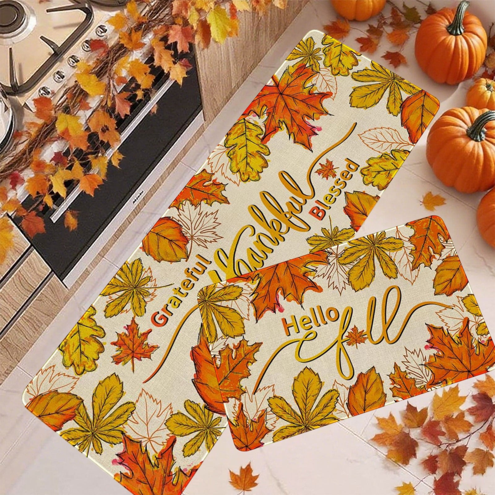 2 Pieces Hello Pumpkin Kitchen Mat Autumn Kitchen Rugs Thanksgiving ...