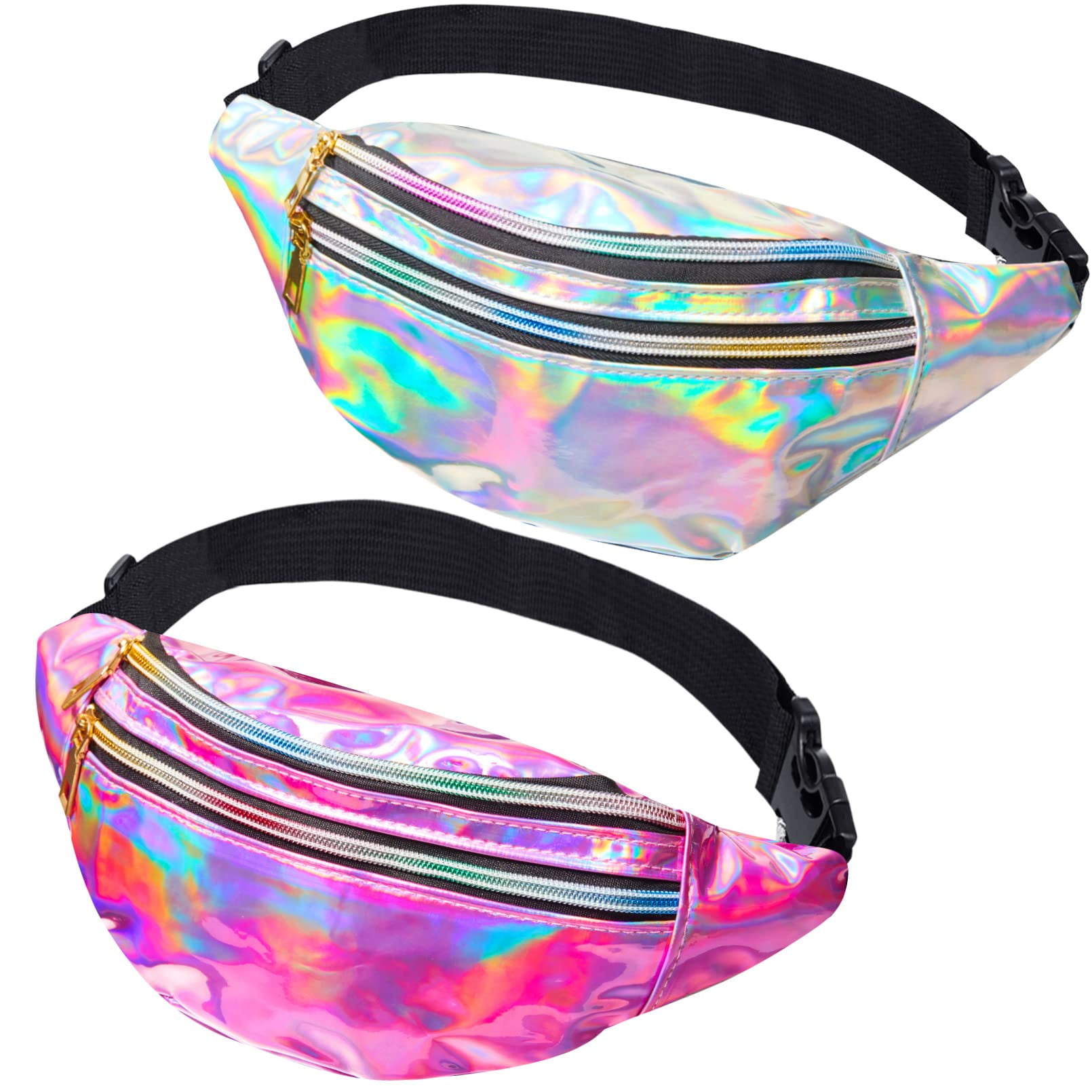 2 Pieces Holographic Fanny Pack,Hologram PU Waist Pack Waterproof Shiny ...
