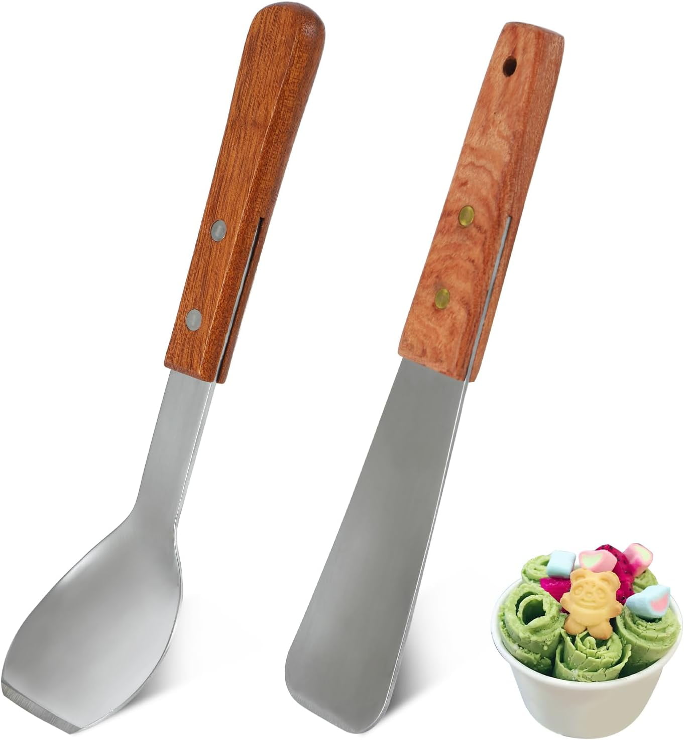 2 Pieces Ice Cream Scoop with Wooden Handle, Stainless Steel Dessert ...