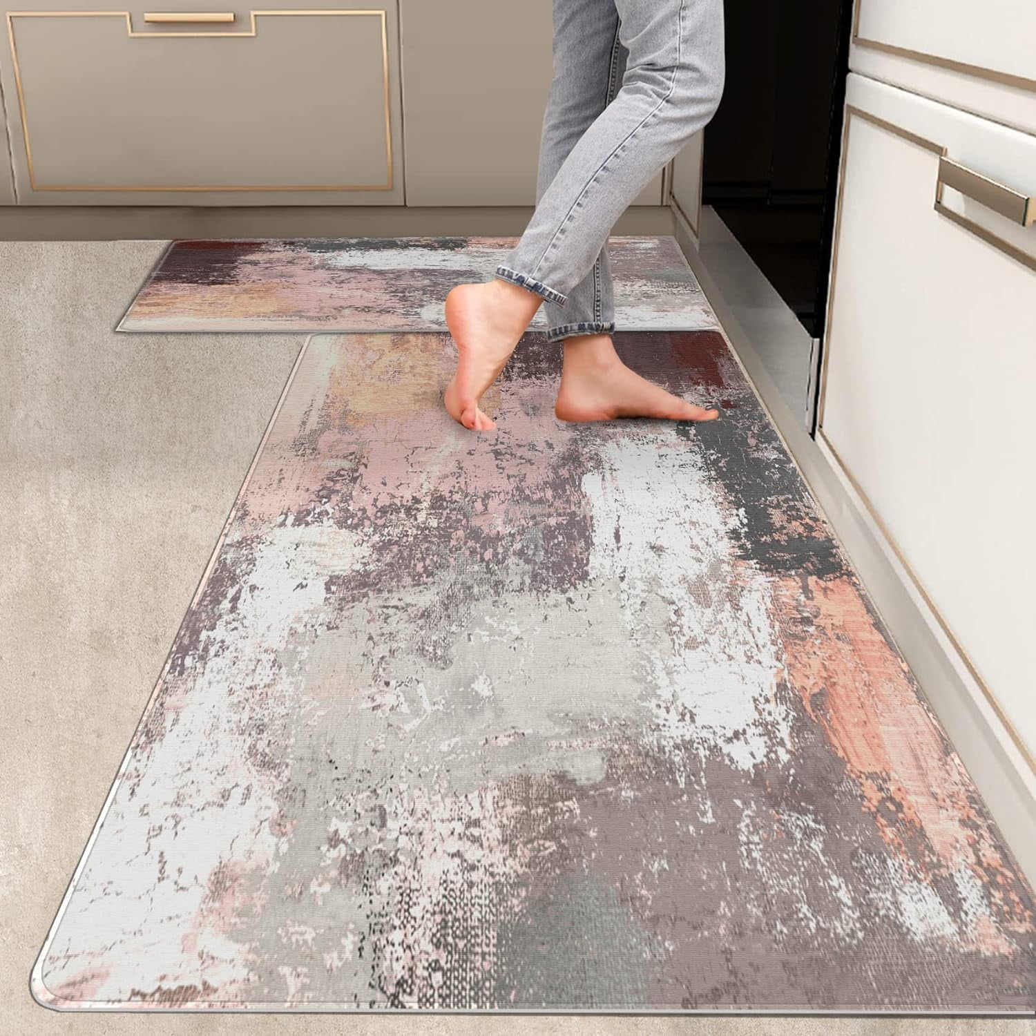 2 Pieces Kitchen Rugs, Abstract Anti Fatigue Non Slip Foam Cushioned ...