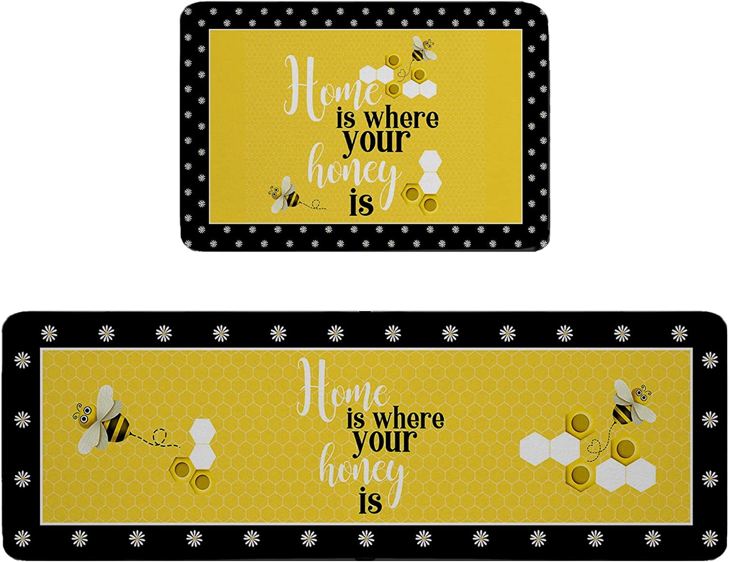 2-Piece Set: Bumble Bee Daisy Yellow Kitchen Rugs, Non-Slip, Water ...