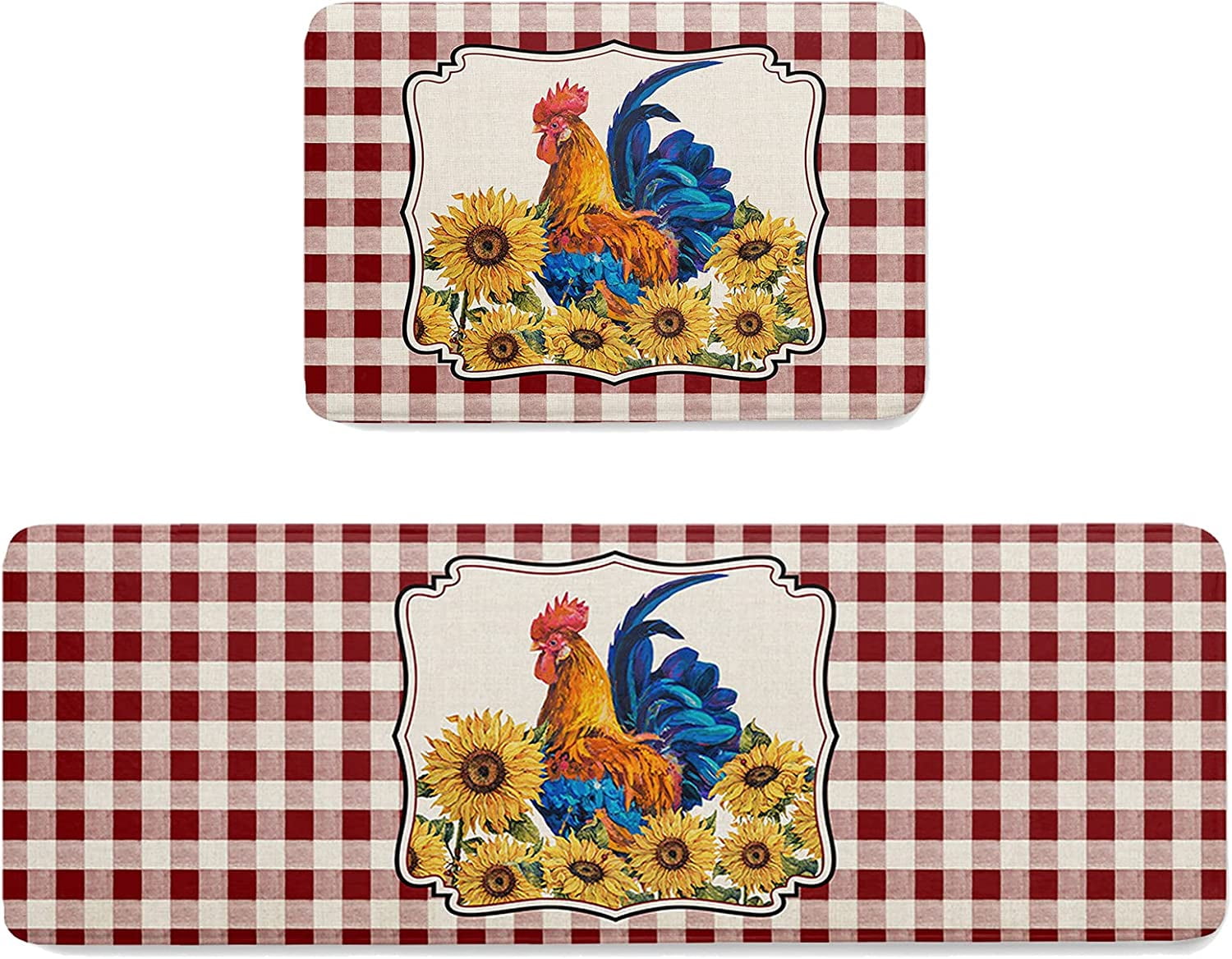 2 Pieces Kitchen Rugs Set Retro Watercolor Rooster with Sunflowers ...