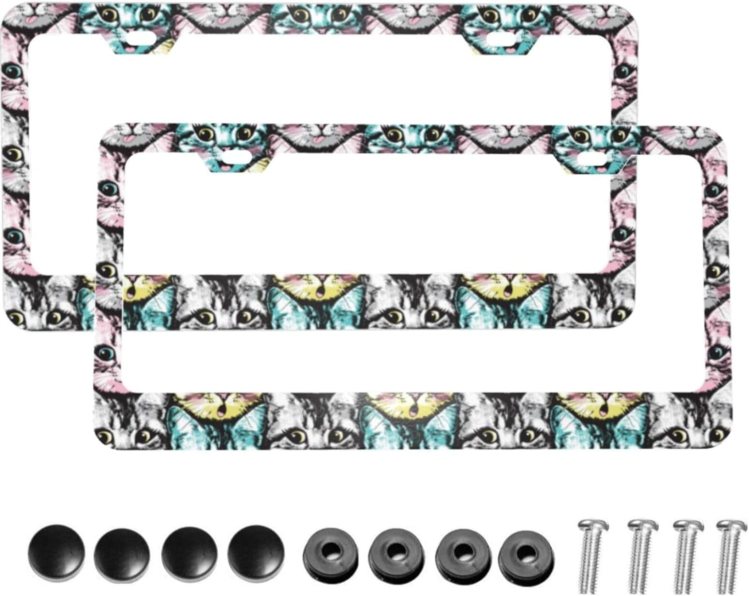 2 Pieces Kitten Faces with Crazy Colors Metal License Plate Frame with ...