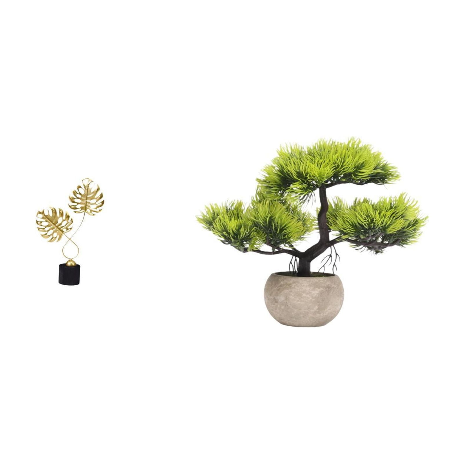 2 Pieces Leaf Statue Artificial Bonsai Tree Faux Plant Iron Wood Pot ...