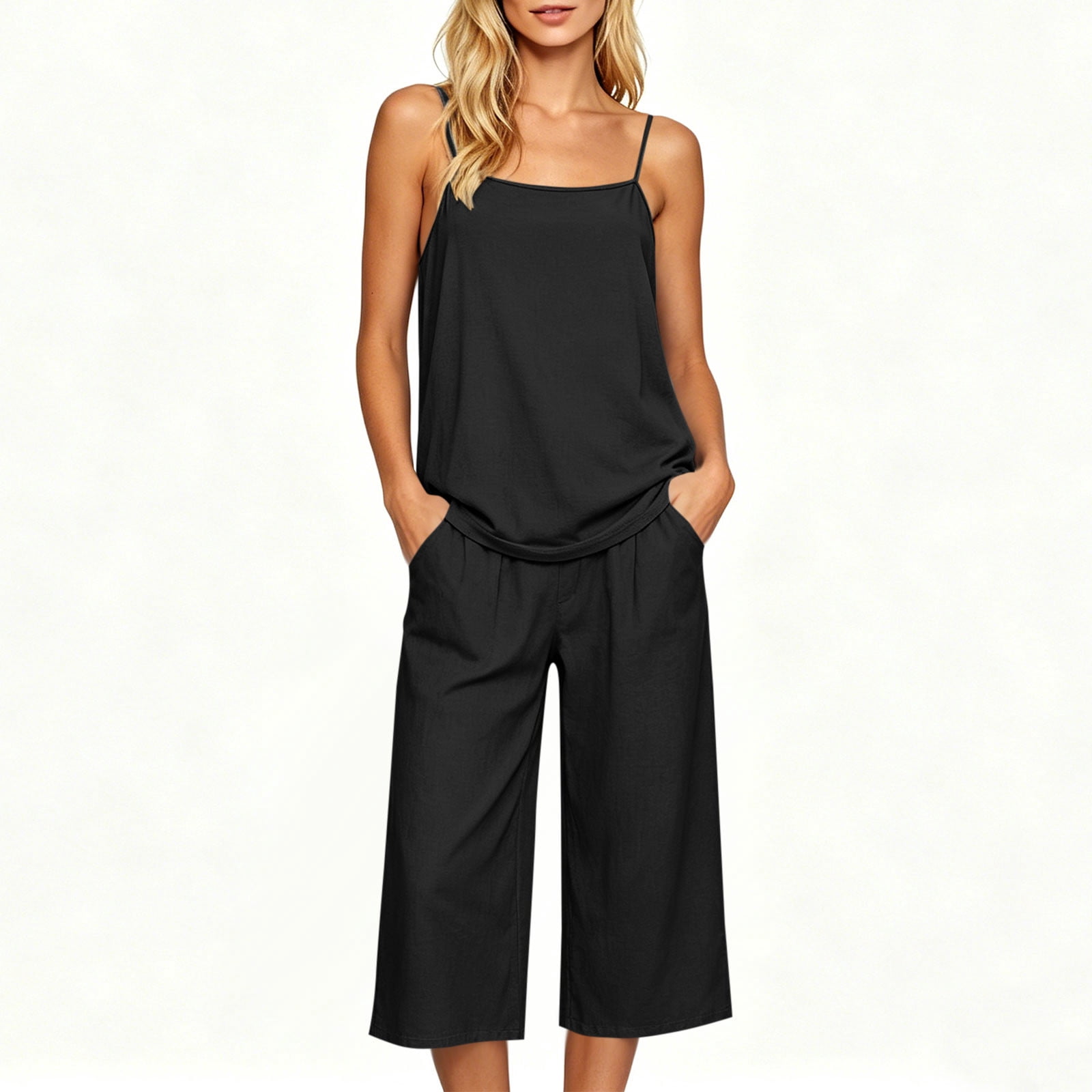 2 Pieces Linen Sets for Women Spaghetti Strap Loose Tank Tops with ...