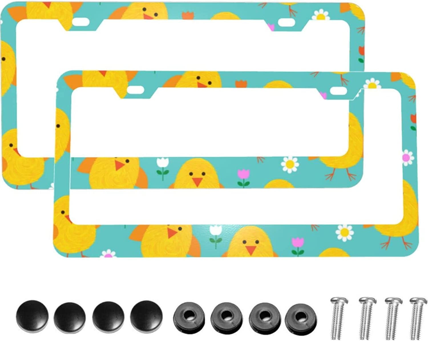 2 Pieces Little Yellow Chicken with Floral Metal License Plate Frame ...