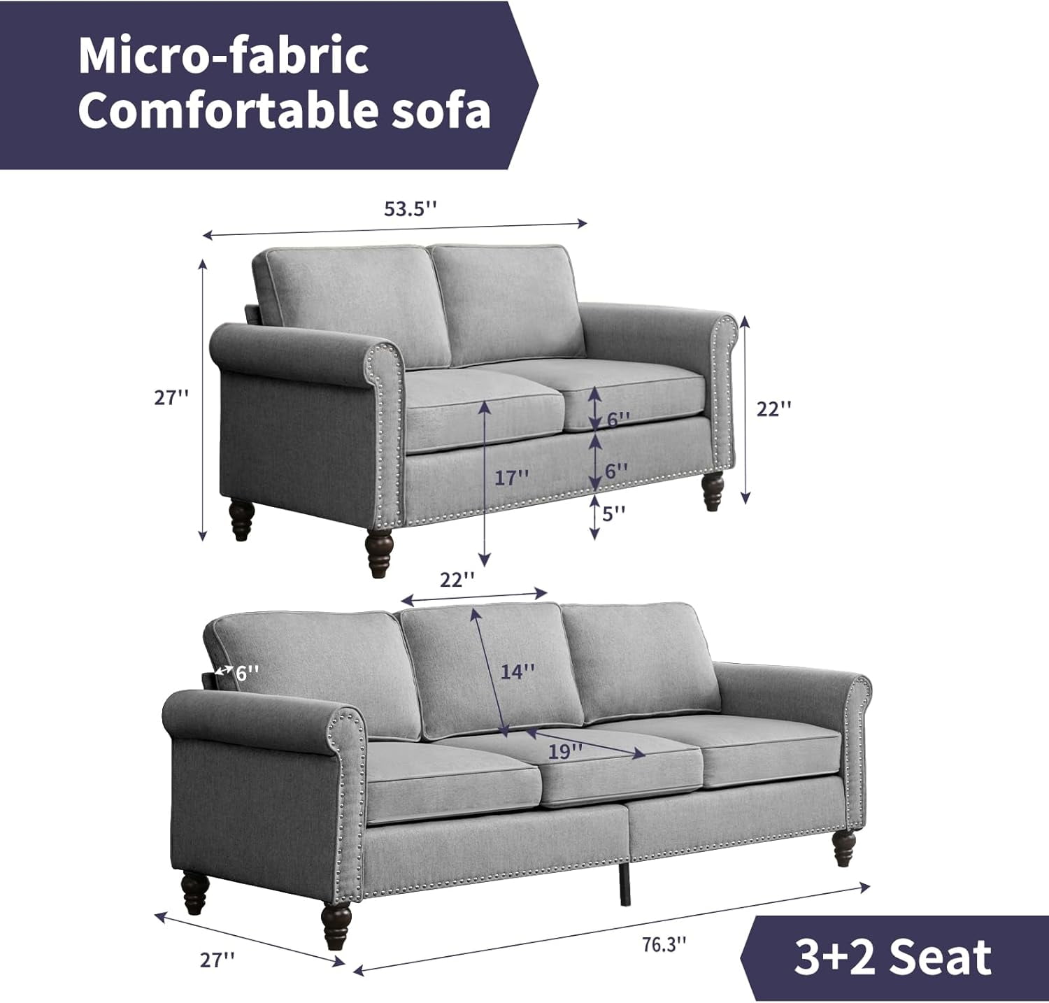 2 Pieces Living Room Sofa Set, 3- Sofa Couch and Loveseat Set ...