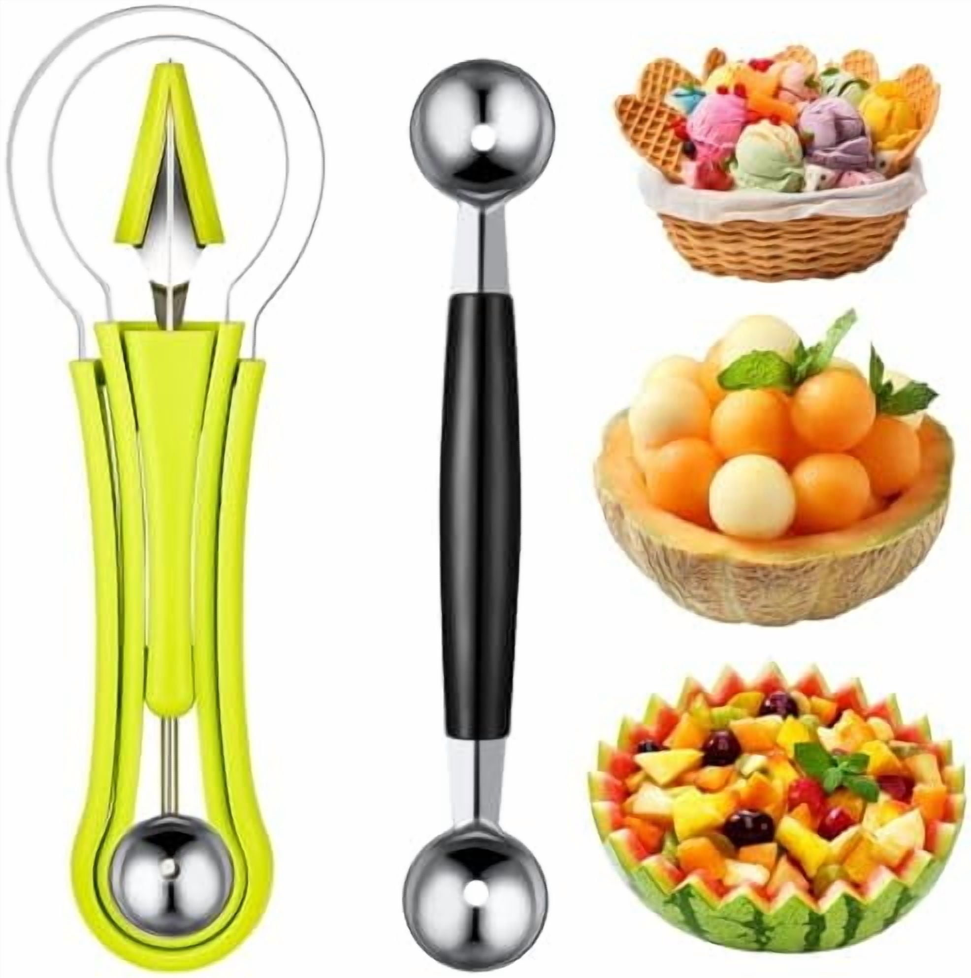 2 Pieces Melon Baller Scoop Set, 4 in 1 Fruit Cutters Stainless Steel ...