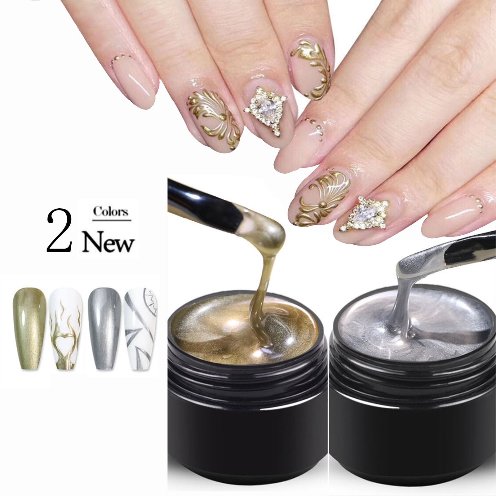 2 Pieces Metallic Gel Nail Polish, 3D Metal Painting Gel Drawing Mirror ...