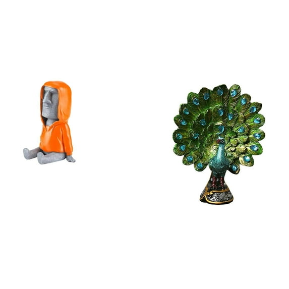 2 Pieces Moai Head Easter Island Statue Peacock Figurine Resin Material ...