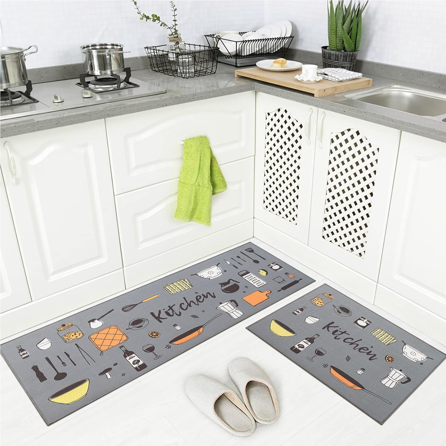 2 Pieces Non-Slip Kitchen Rug TPR Non-Skid Backing Mat for Doorway ...