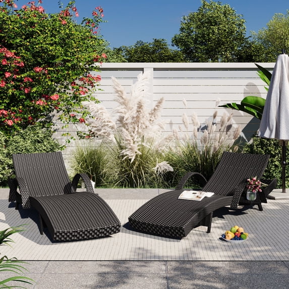 2 Pieces Outdoor Chaise Lounge Chair, PE Wicker Rattan Pool Lounge ...