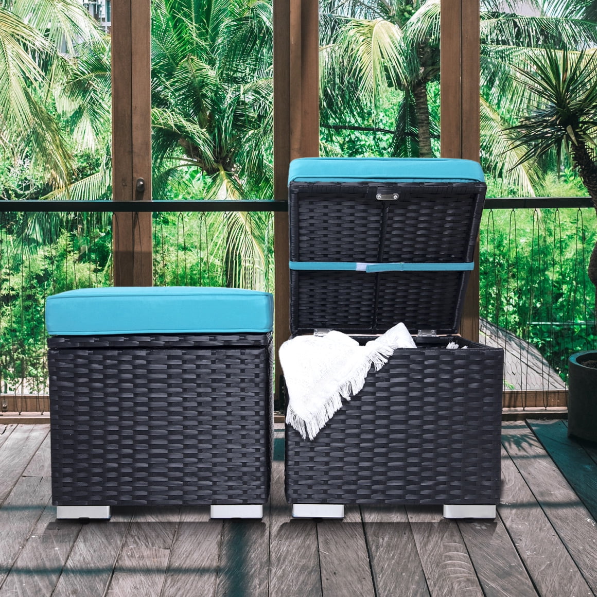 2 Pieces Outdoor Ottoman Foot Rest, PE Rattan Patio Foot Stool with ...