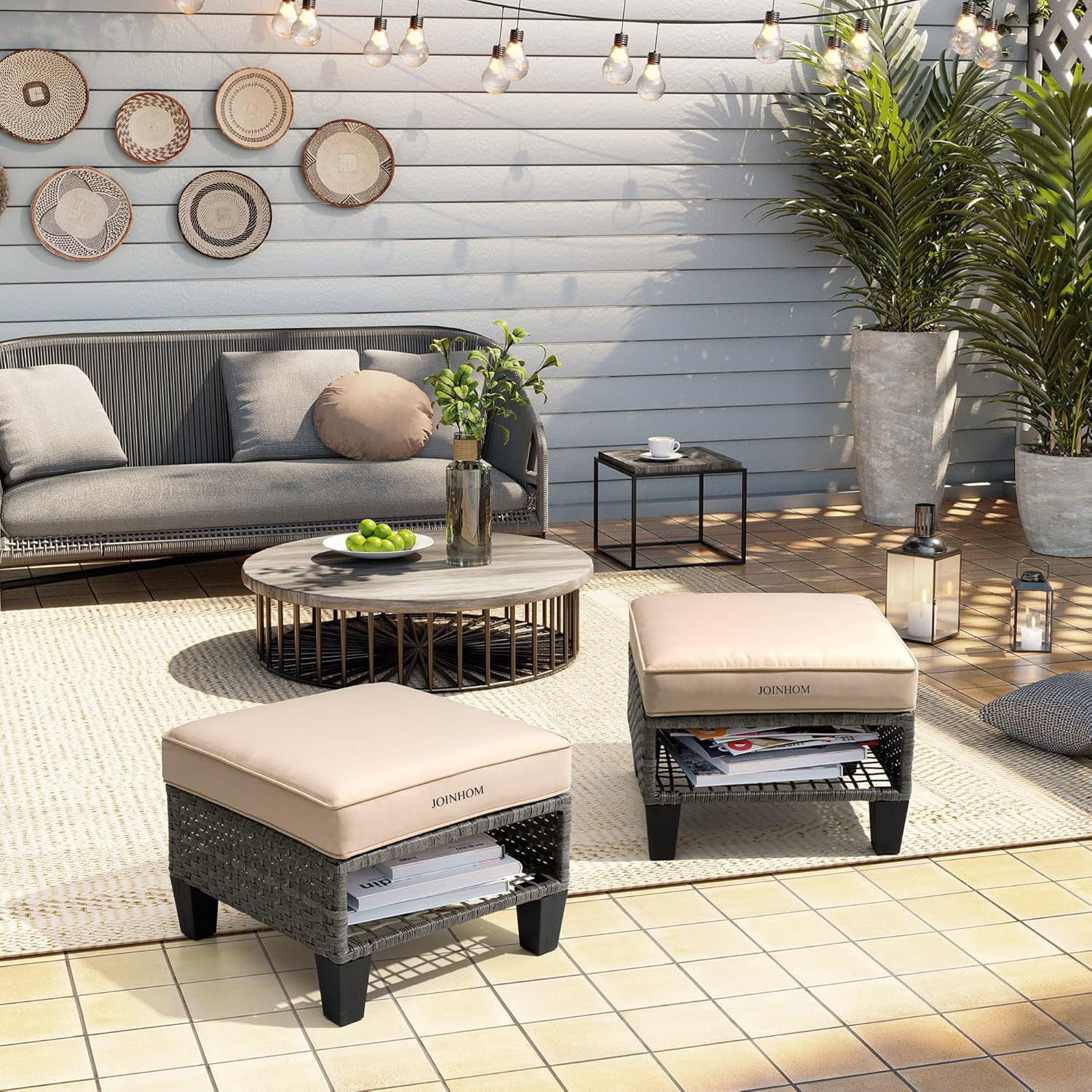 2 Pieces Outdoor Patio Wicker Ottoman,Indoor Rattan Footrest Seat with ...
