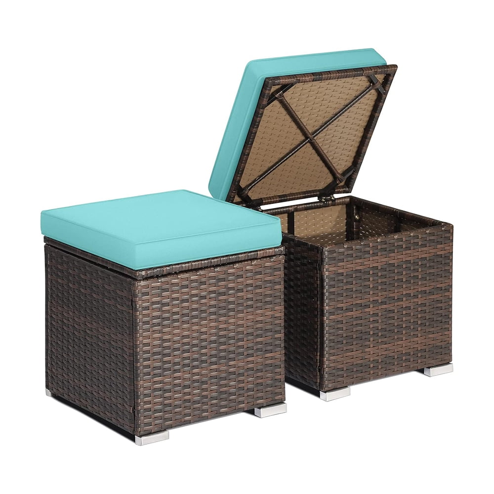 2-Pieces Outside Rattan Ottomans, Patio Wicker Footstools with ...
