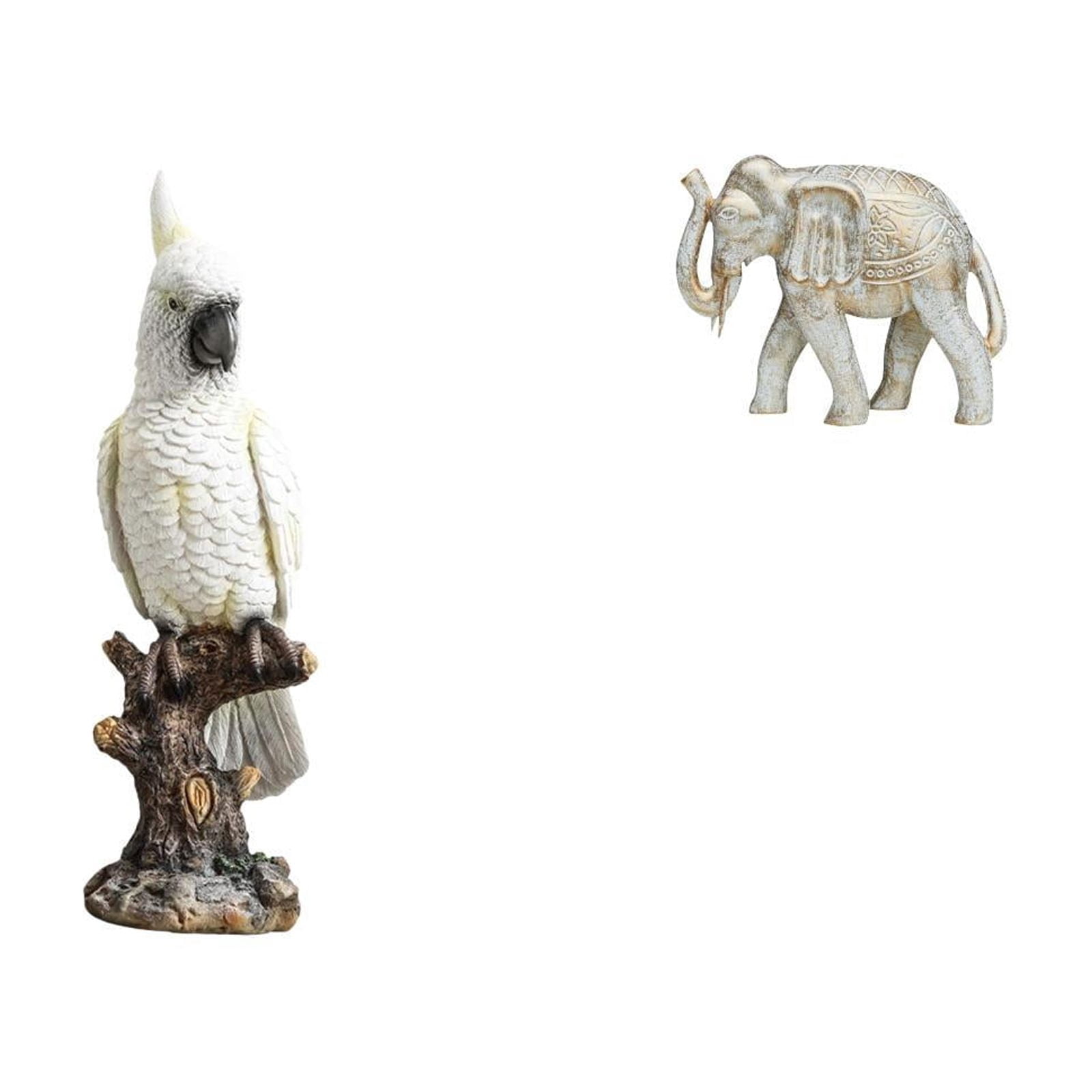 2 Pieces Parrot Elephant Bird Figurine Hand Carved Resin Wood Desk ...