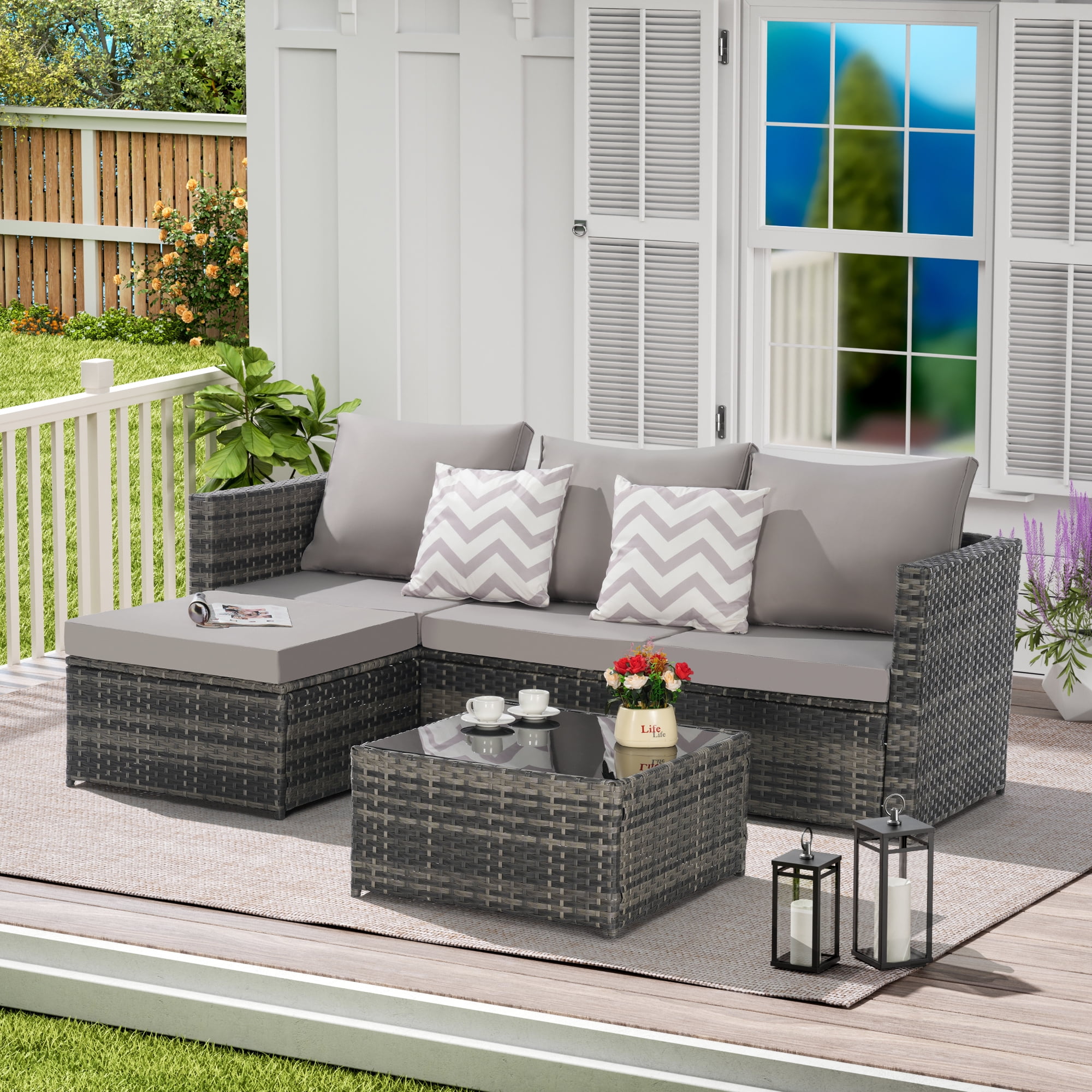 2 Pieces Patio Furniture Set, Outdoor Woven Sectional L- Shaped Patio ...