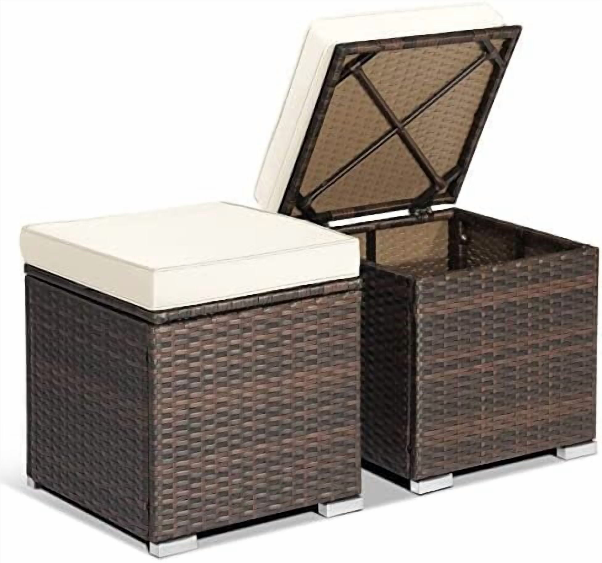 2 Pieces Patio Ottoman Set Outdoor Wicker Stool with Storage, Rattan ...