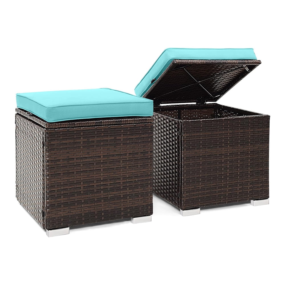 Outdoor Storage Ottoman 2 Pack, Patiojoy Woven Rattan Side Table Seat ...