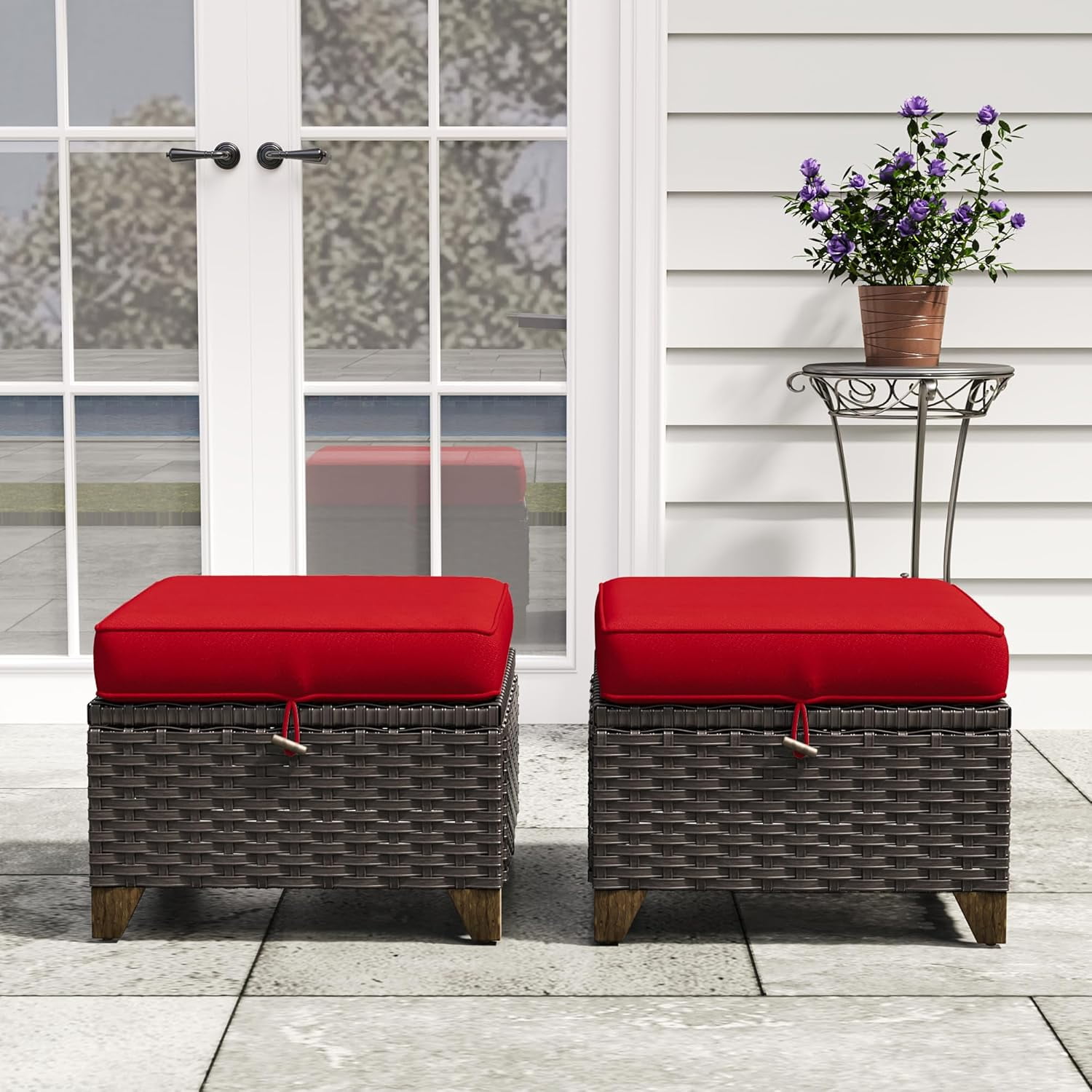 2 Pieces Patio Outdoor Ottomans with Removable and Washable Covers，PE ...