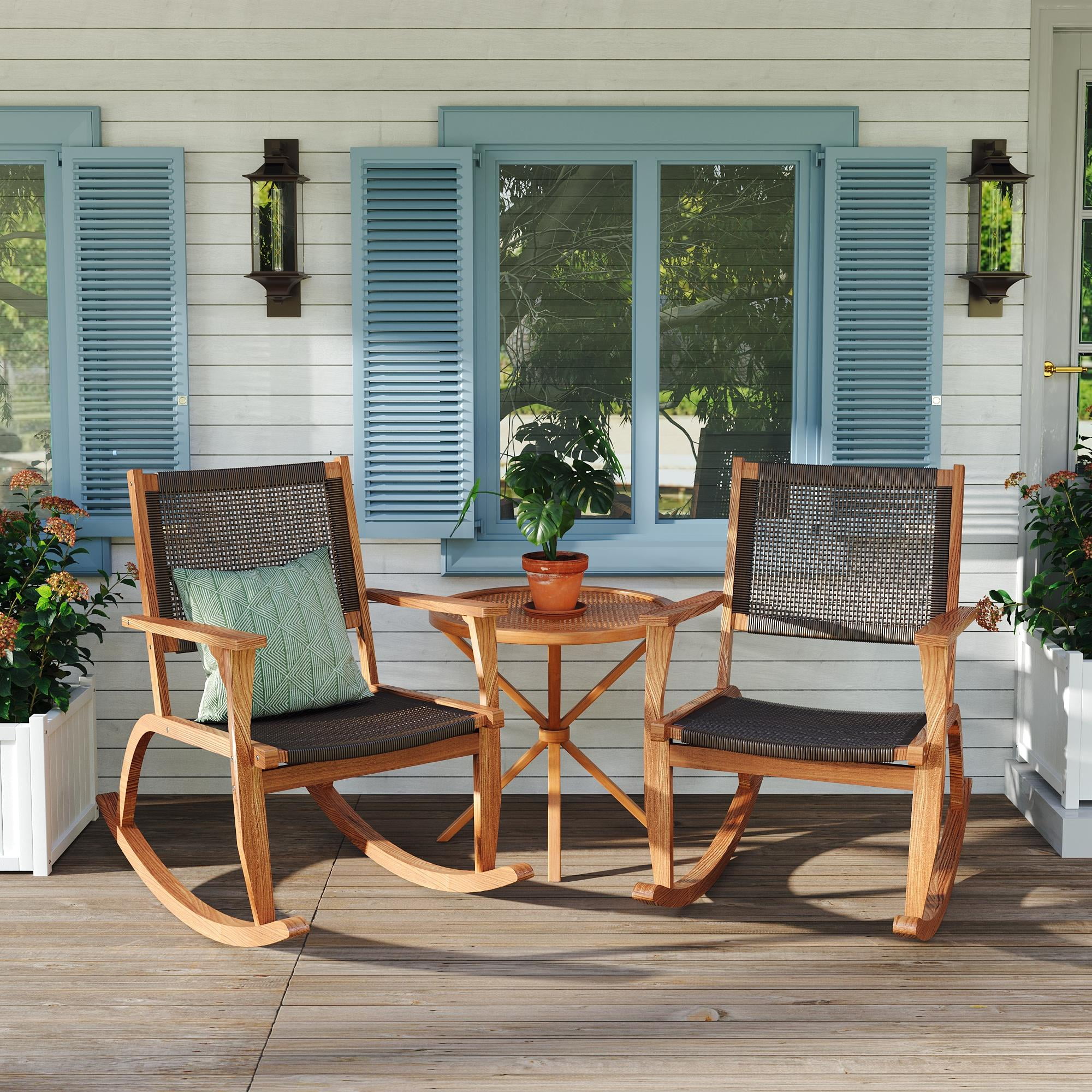 2 Pieces Patio Rocking Chair Set, Acacia Wood Outdoor Garden Rockers ...