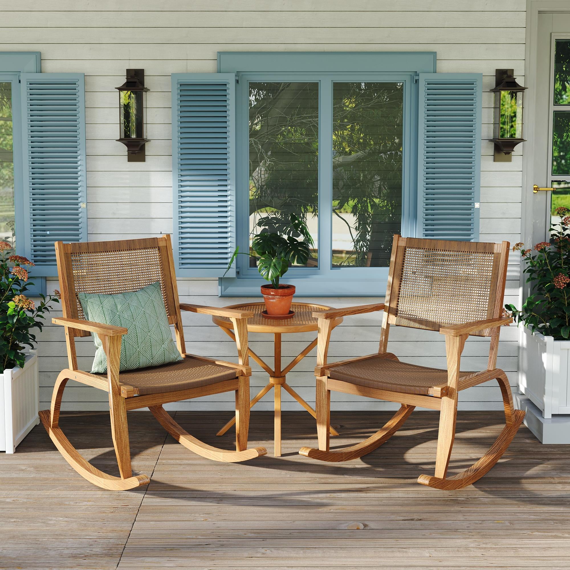 2 Pieces Patio Rocking Chair Set, Acacia Wood Outdoor Garden Rockers ...
