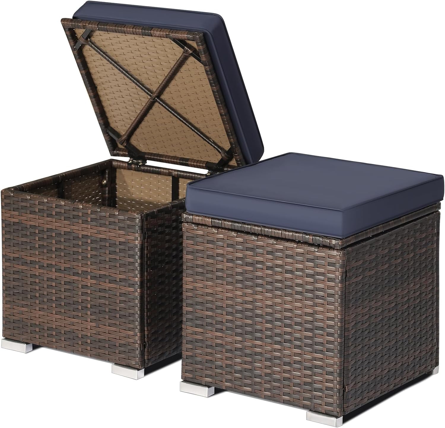 2 Pieces Patio Wicker Ottomans, Outdoor PE Rattan Side Table with ...
