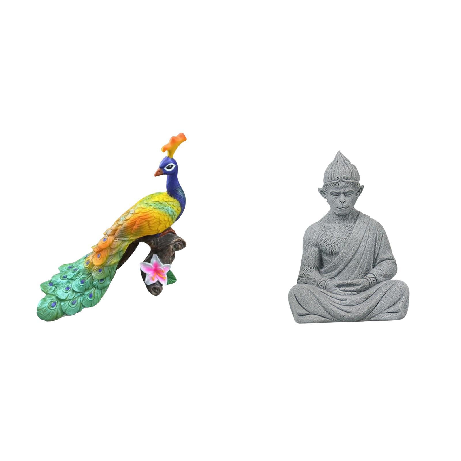 2 Pieces Peacock Statue Monkey Buddha Sculpture Resin Material for Home ...
