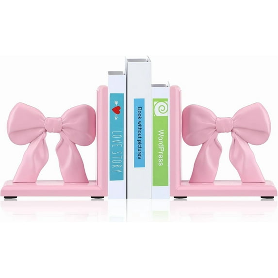 2 Pieces Pink Bow Bookends Cute Book Ends for Shelves Decorative Book ...
