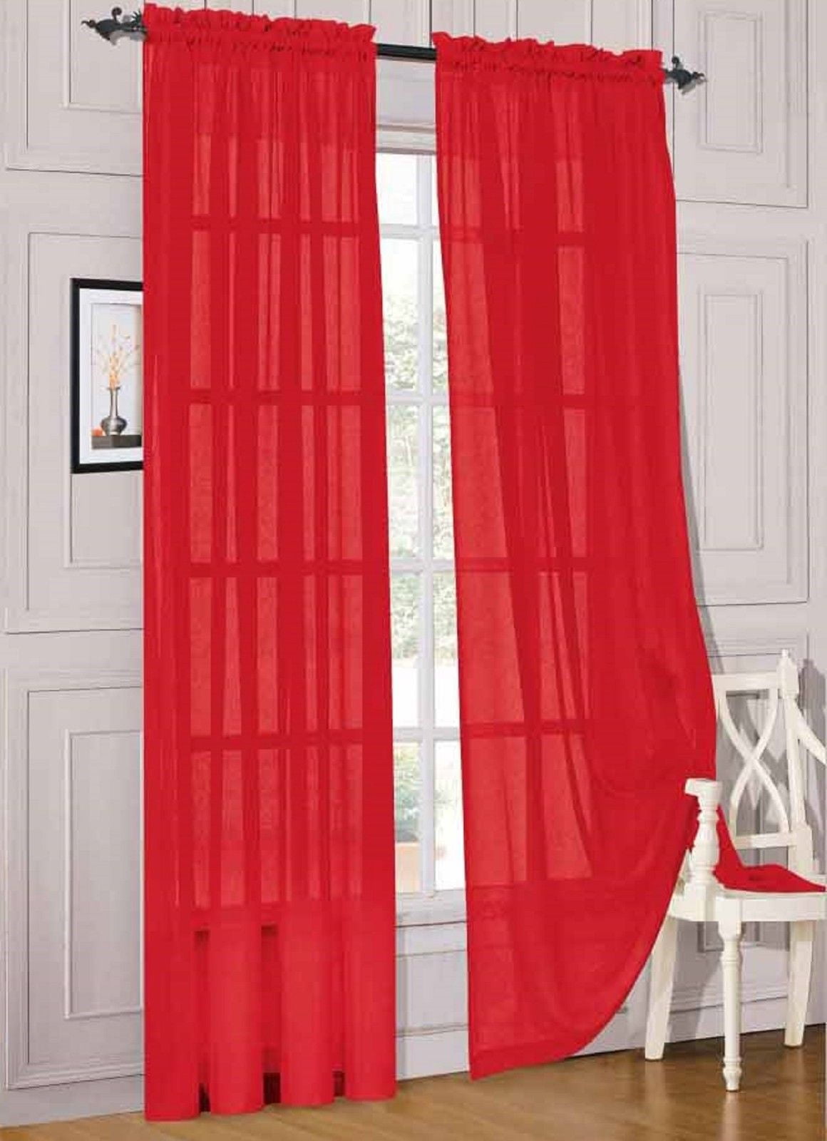 2 Pieces Red Solid Sheer Voile Window Curtain Set, Two Rod Pocket ...