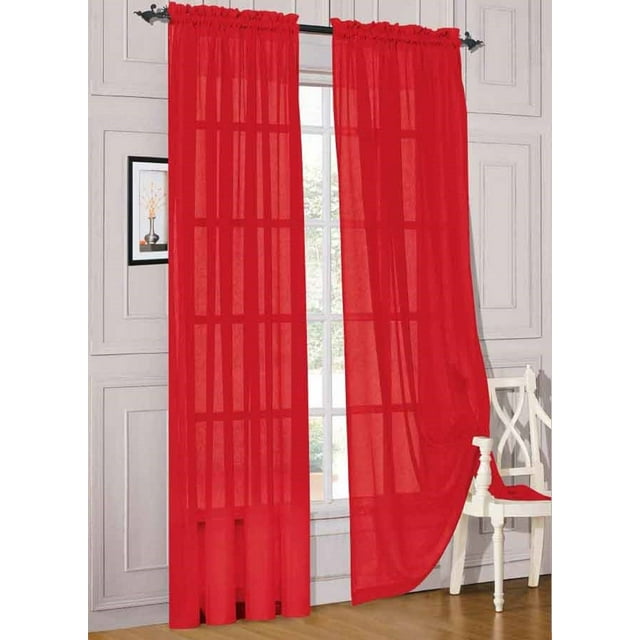 2 Pieces Red Solid Sheer Voile Window Curtain Set, Two Rod Pocket ...