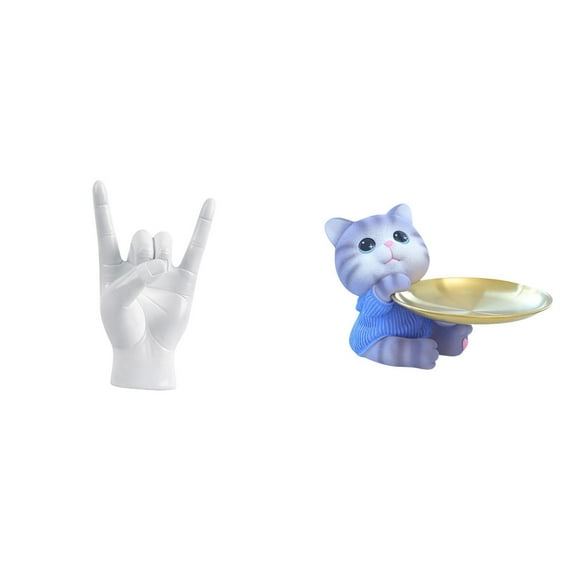 2 Pieces Rock Gesture Statue Cat Tray Key Holder Durable Resin ...