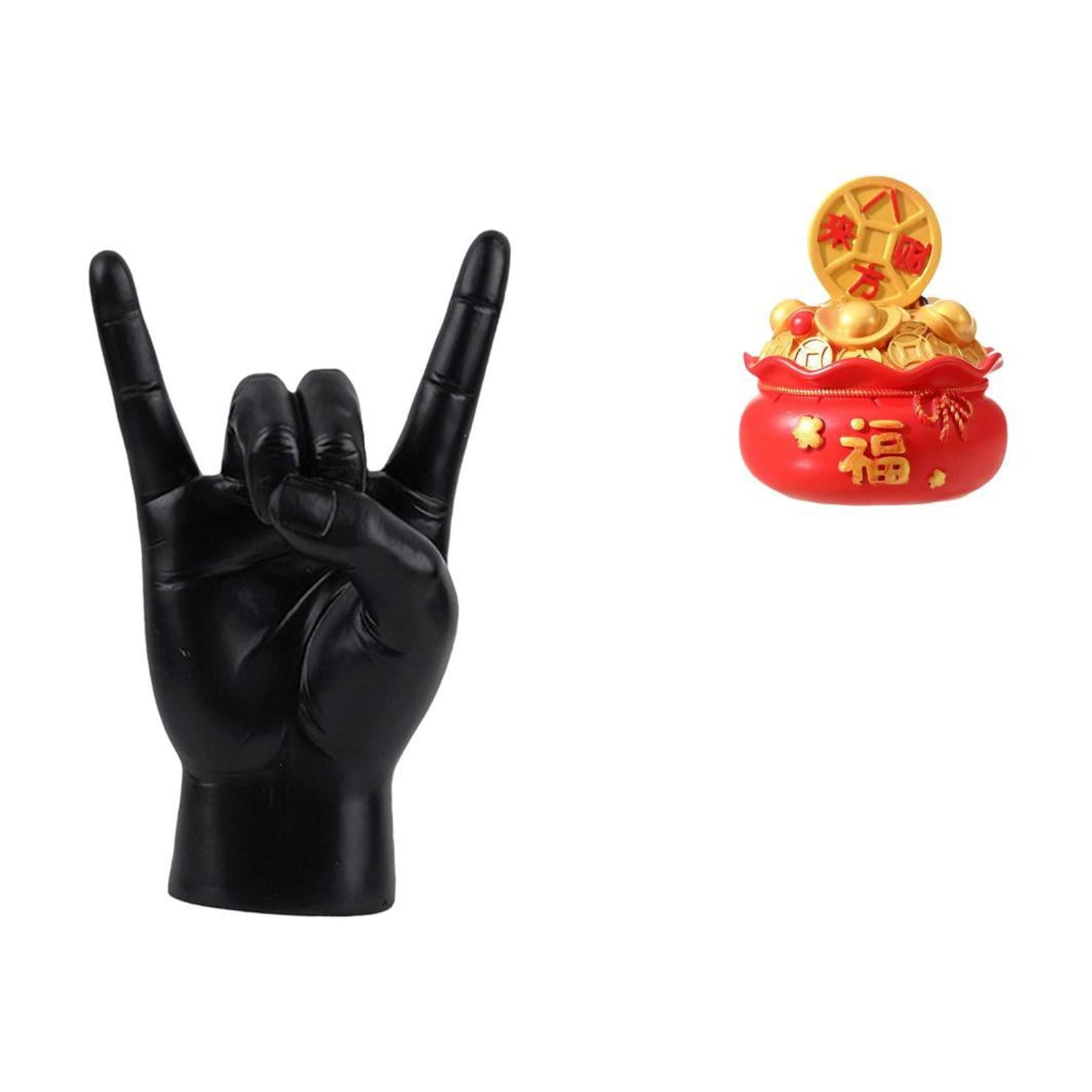 2 Pieces Rock Gesture Statue Money Bag Figurine Treasure Basin Ornament ...