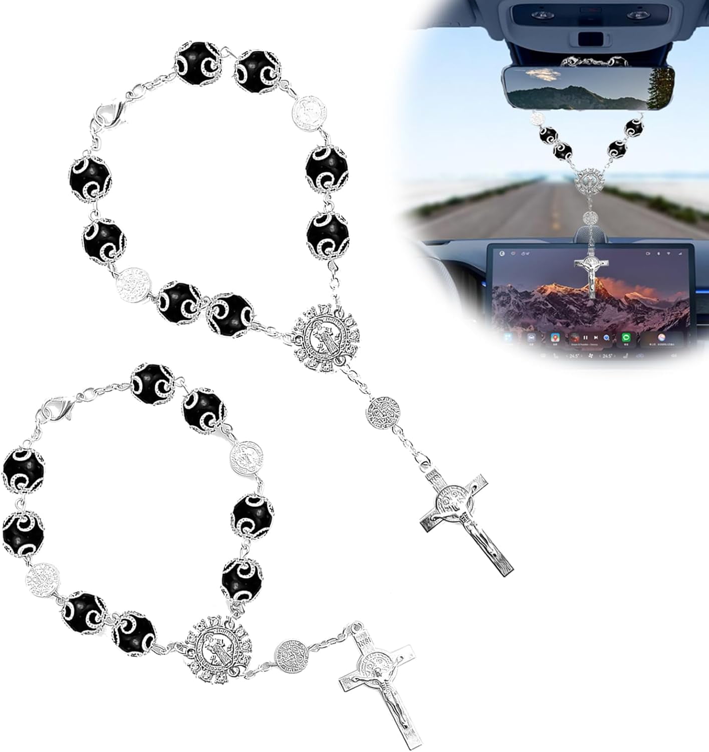 2 Pieces Saint Benedict Car Rosary Mirror Hanging Accessories, Car ...