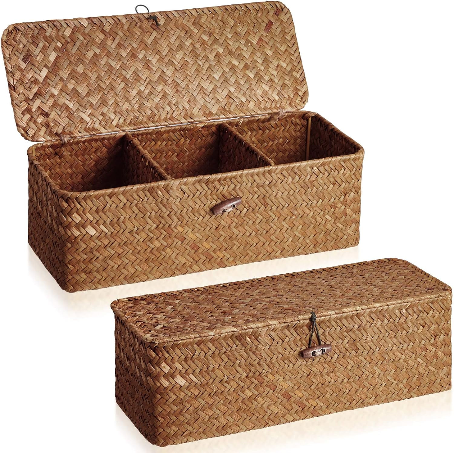 2 Pieces Seagrass Baskets with Lid, Rectangular Hand Woven Wicker Bin ...