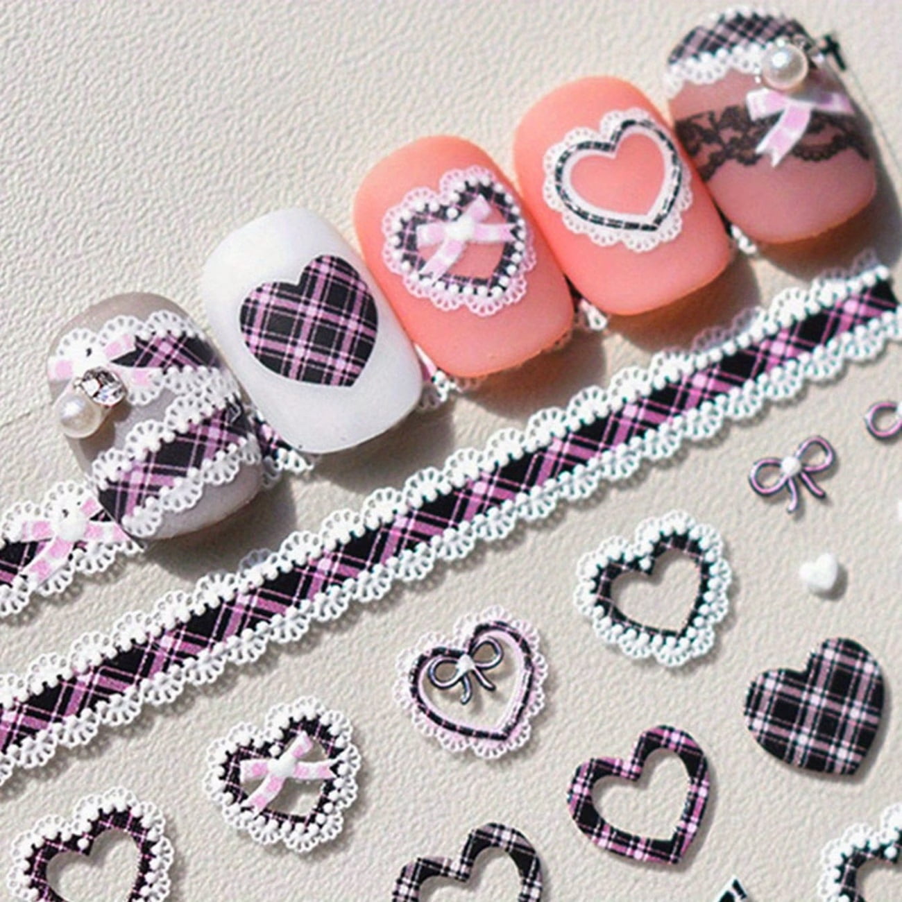 2 Pieces Self-Adhesive Heart Shaped Embossed Lace Nail Wraps in Black ...