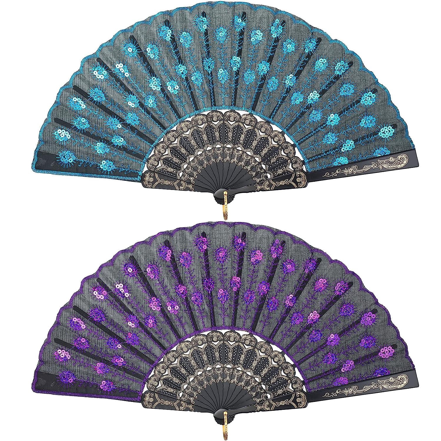 2 Pieces of Sequin Fabric Folding Fans Embroidered Flower Lace Trim ...