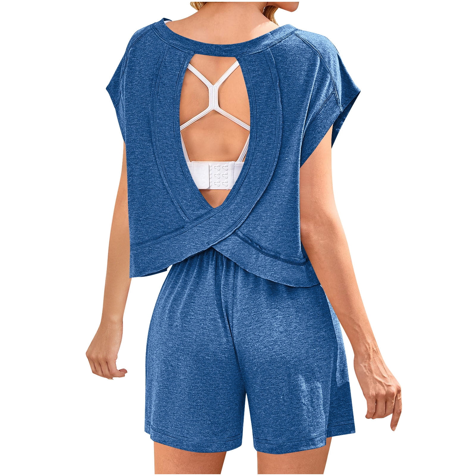 2 Pieces Sets Open Back Tops for Womens Criss Cross Cut Out Blouses ...