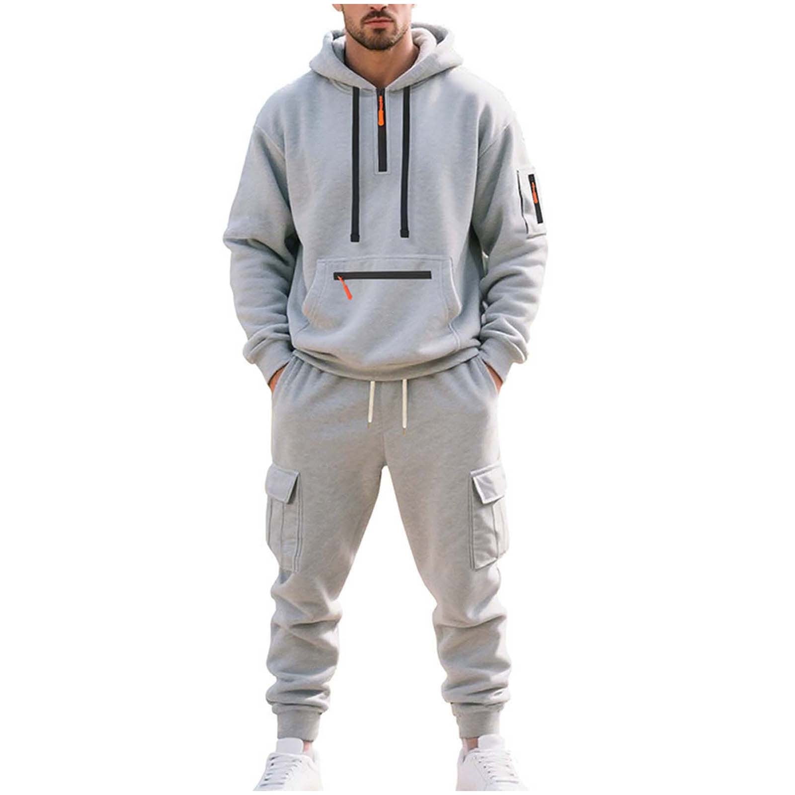 2 Pieces Sets Sweatsuits for Mens Fall Winter Cargo Sweatshirts with ...