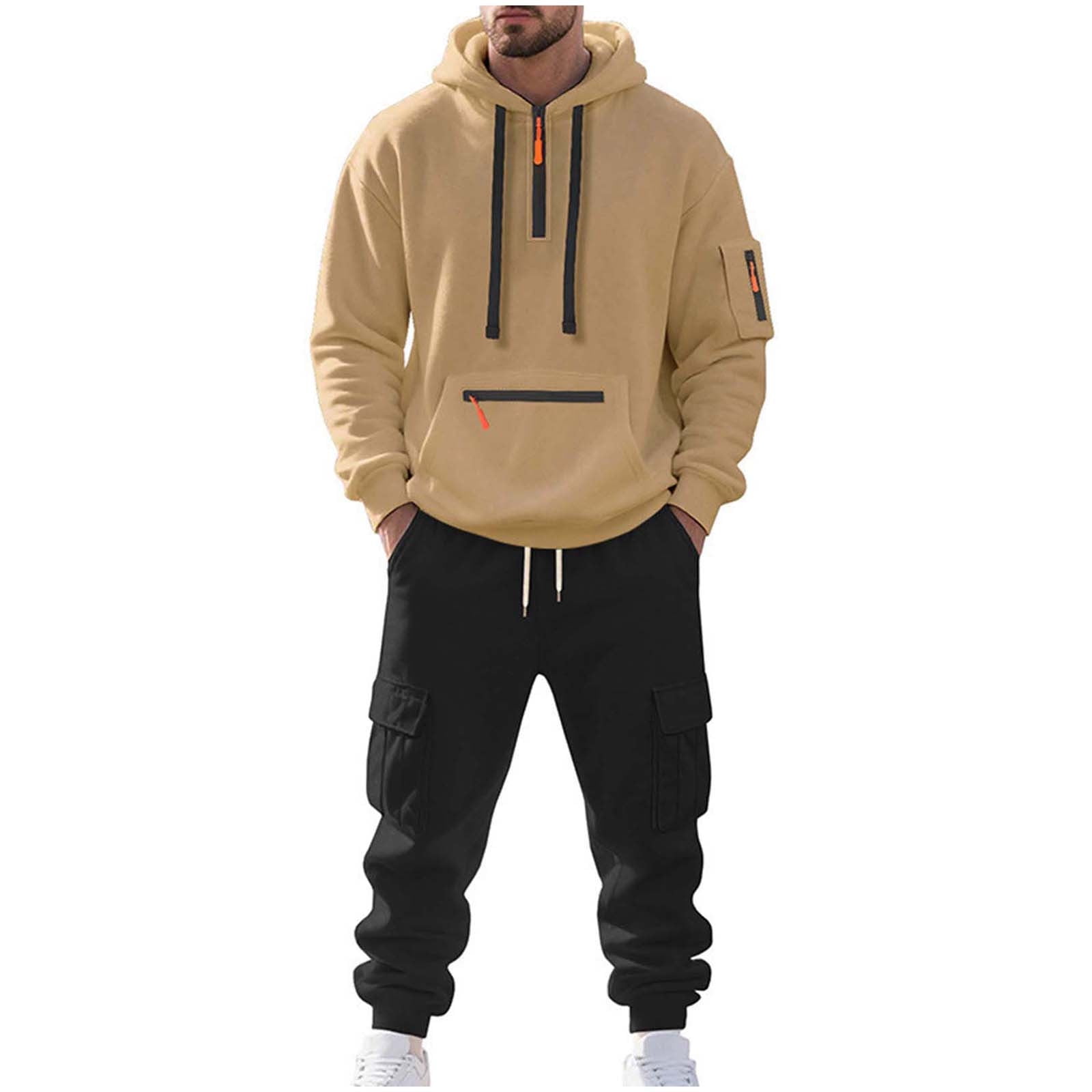2 Pieces Sets Sweatsuits for Mens Fall Winter Cargo Sweatshirts with ...