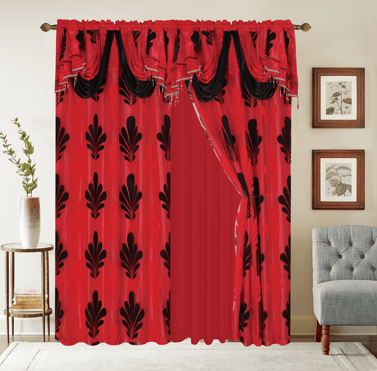 2 Pieces Sophia Two Tone Red Black Embroidered Flower Curtains, 54 ...